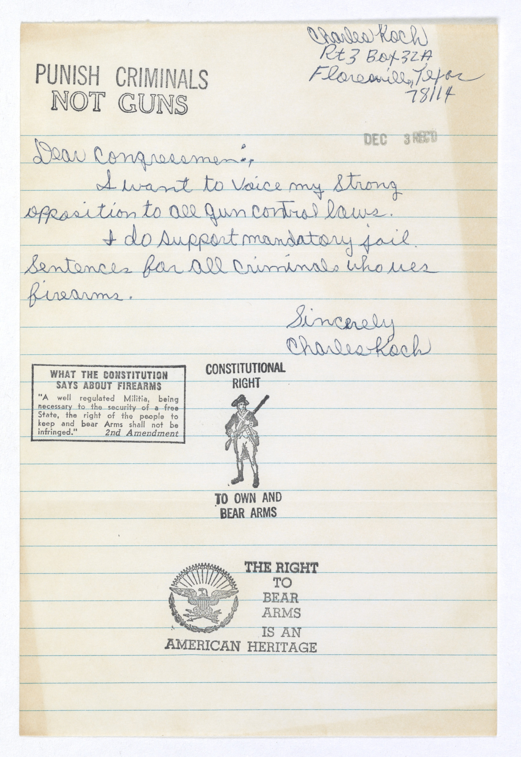 Letter from Charles Koch Opposed to Gun Control Laws, 12/3/1975 ...